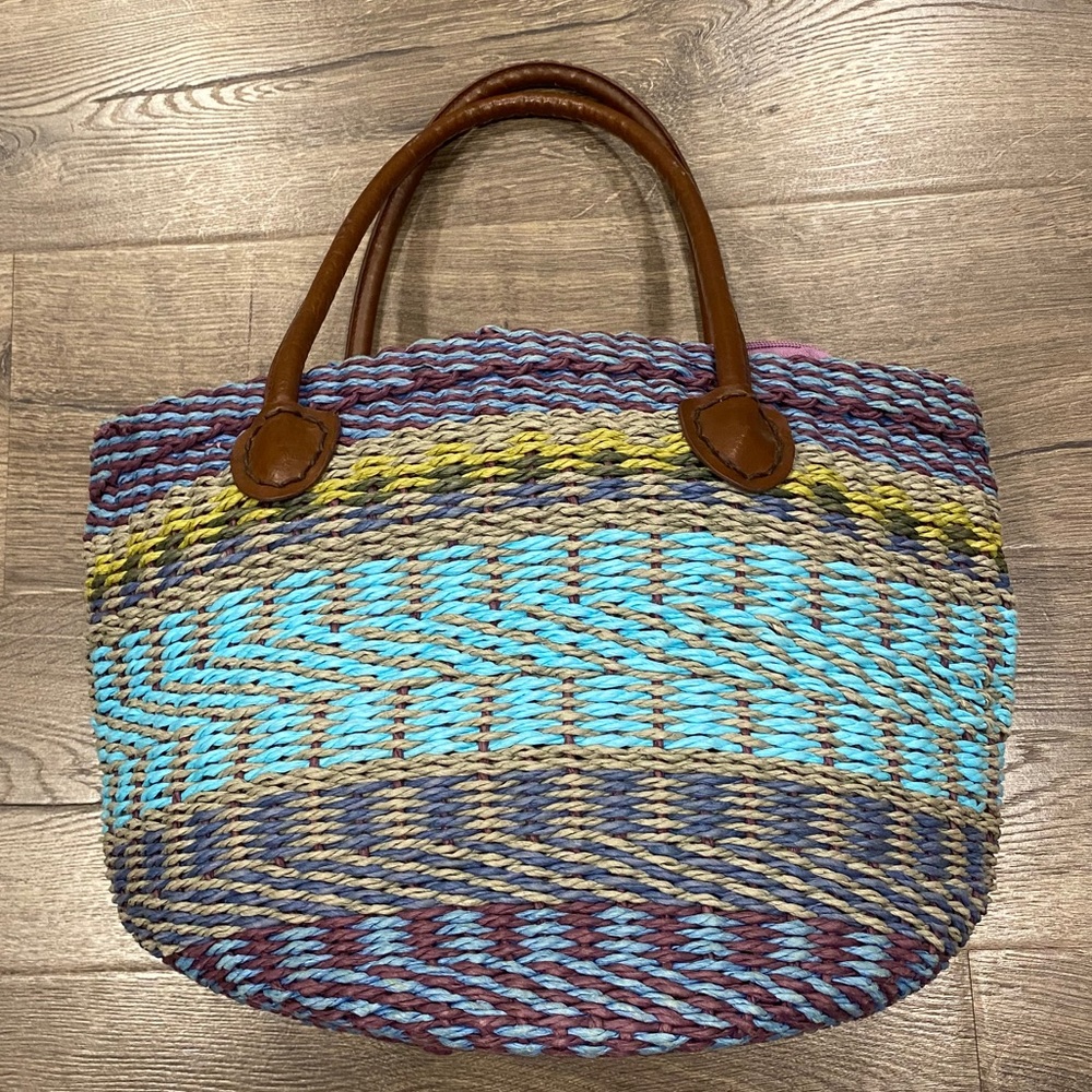 Vintage Woven Bag With Leather Handles - Gem